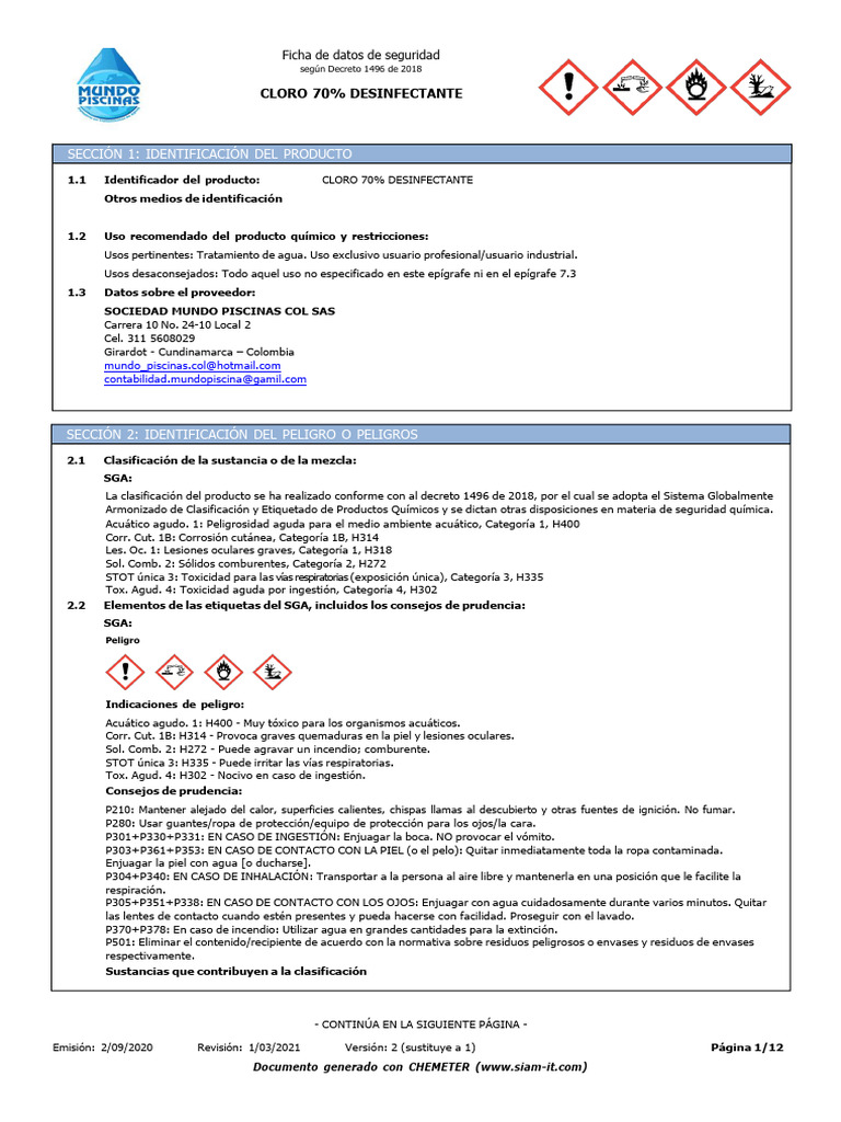 Ficha Tecnica Cloro 70% | PDF | Cloro | Sustancias químicas