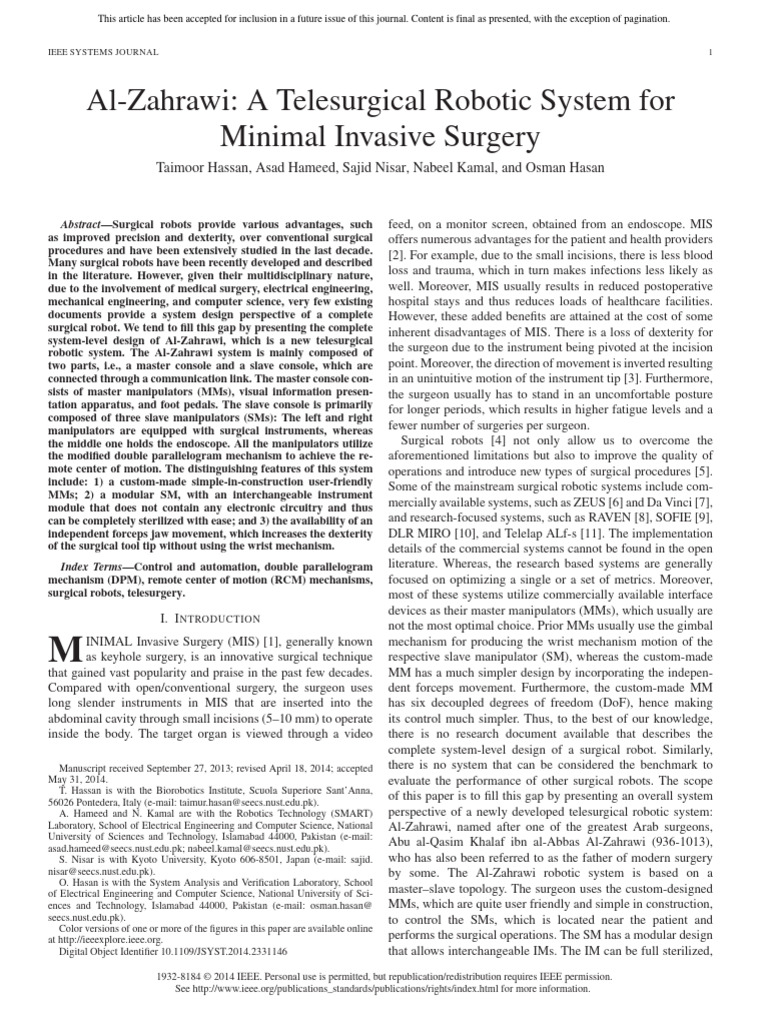 Al-Zahrawi - A Telesurgical Robotic System | PDF | Surgery