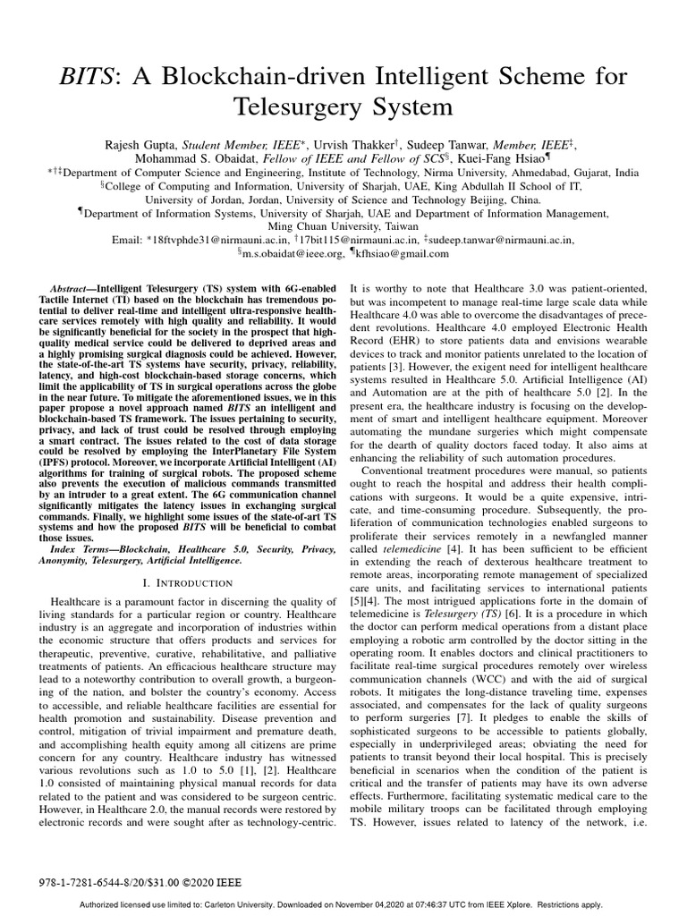 Blockchain-Driven Intelligent Scheme For Telesurgery System | PDF | Health Care | Surgery