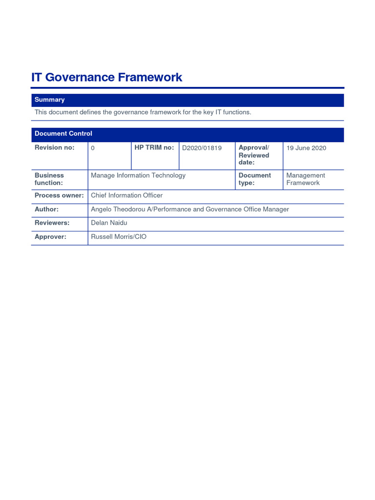IT Governance Framework Overview | PDF | Governance | Chief Information ...