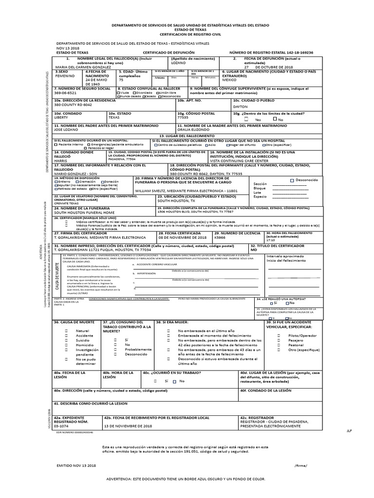 Acta de Defunción CORREGIDA | Descargar gratis PDF | Paro cardíaco | Cremación