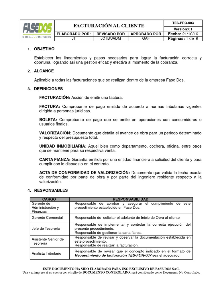 TES-PRO-003 Facturación Al Cliente | PDF | Factura | Contabilidad