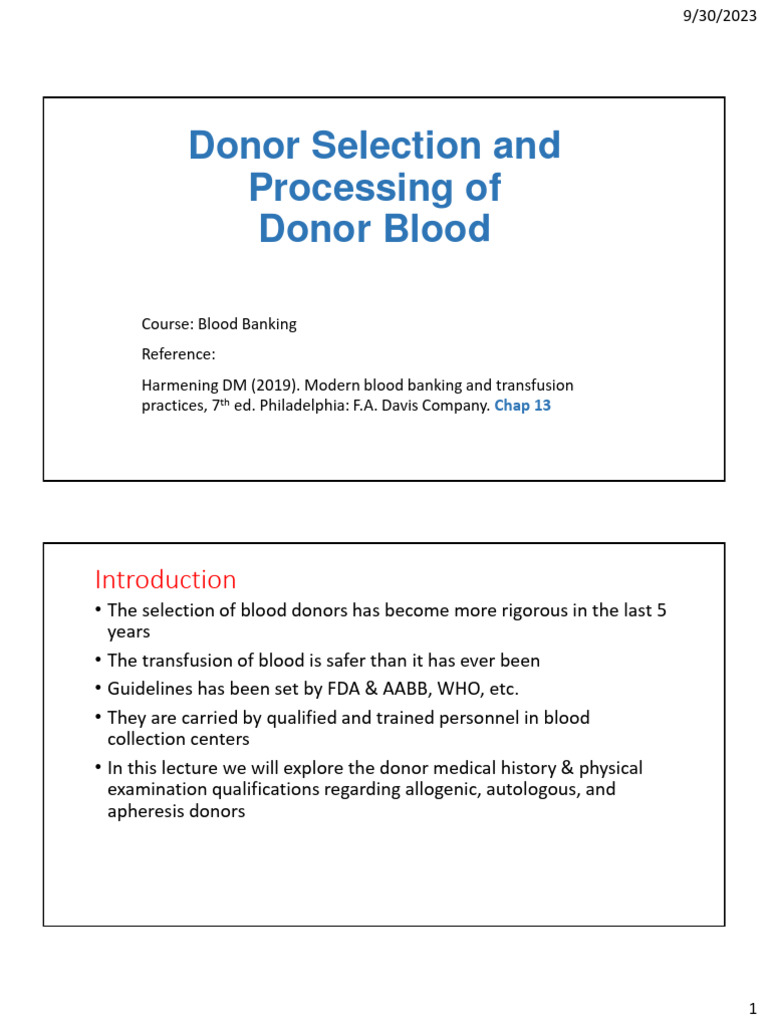 13 CH - Donor Selection and Processing of Donor Blood-Part 1 | PDF ...