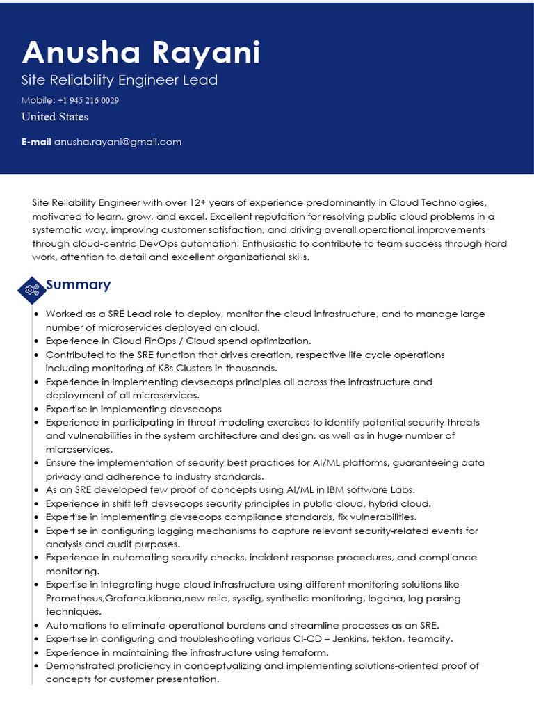 Anusha SRE Devops Lead | PDF | Open Stack | Cloud Computing