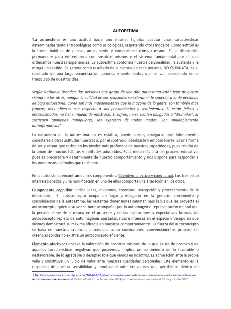 Lectura La Autoestima | PDF | Autoestima | Comportamiento