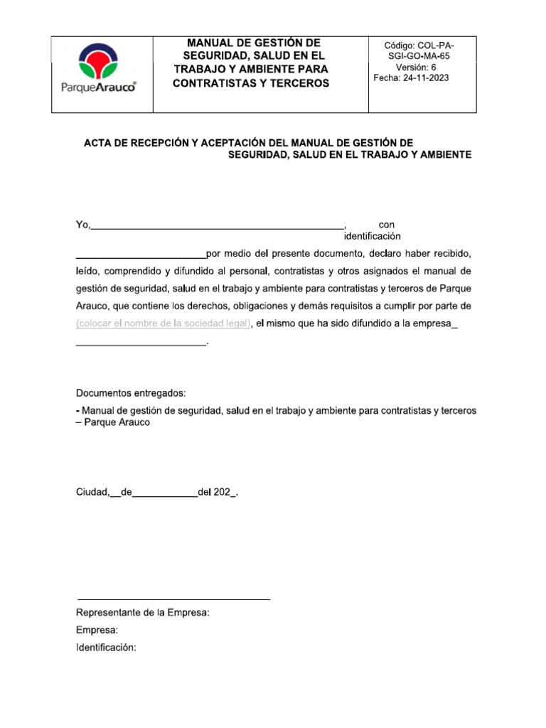 Acta para Firma Del Manual SSTA para Contratistas y Terceros PA ...