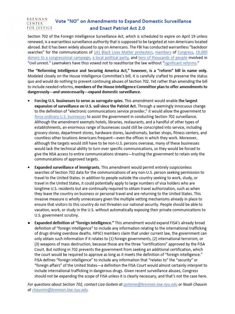 BCJ One-Pager On HPSCI Amendments 4-11-24 | PDF | Foreign Intelligence ...