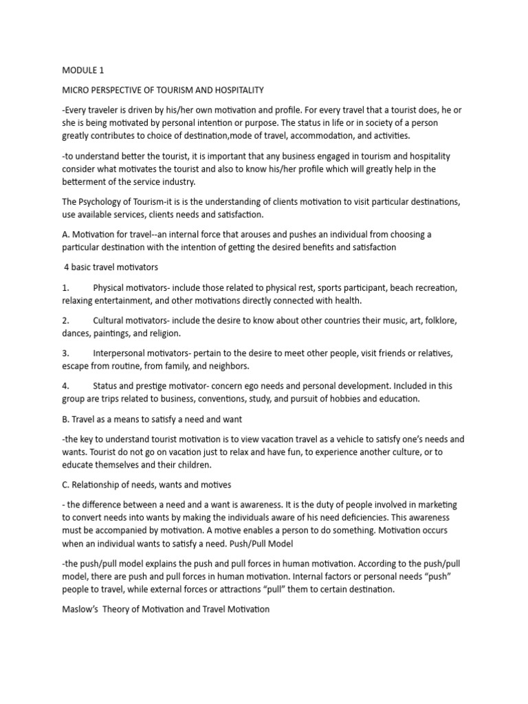 MICRO PERSPECTIVE OF TOURISM AND HOSPITALITY MODULE 1 Lecture | PDF | Motivation | Motivational