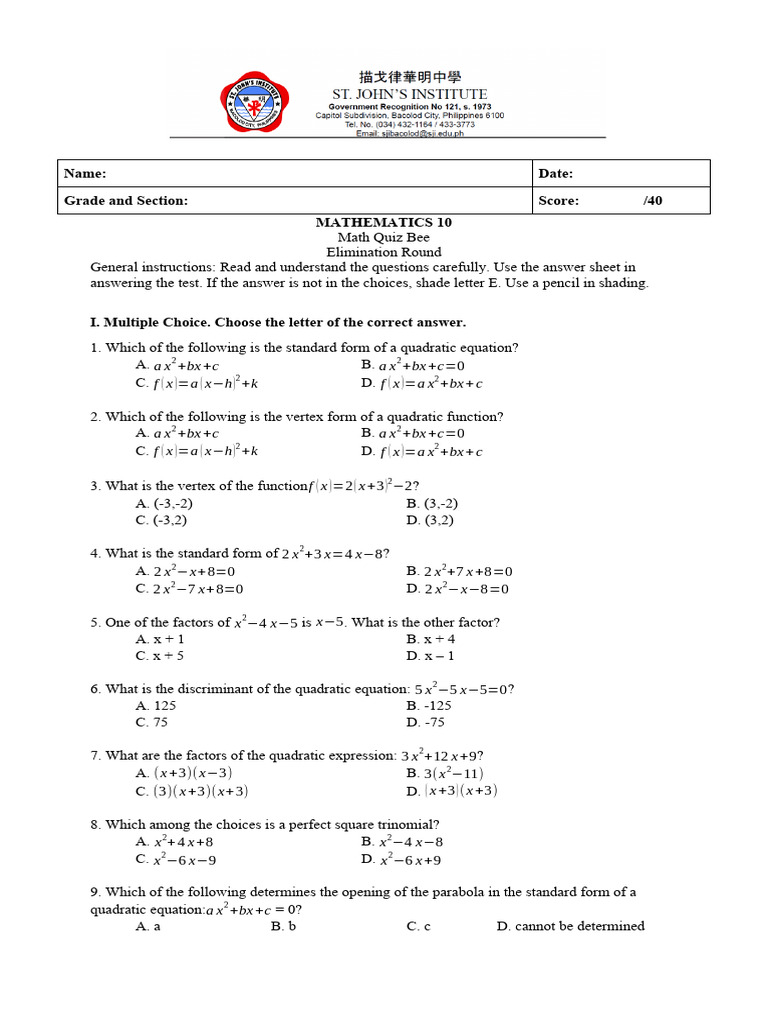 MATHEMATICS 10 ELIMINATION ROUND | PDF | Mathematics | Elementary ...
