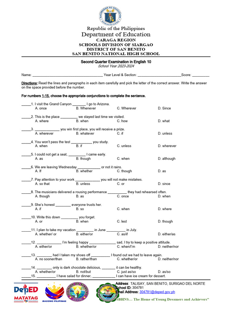 English 10 Second Quarter Exam | PDF | Knee | Running