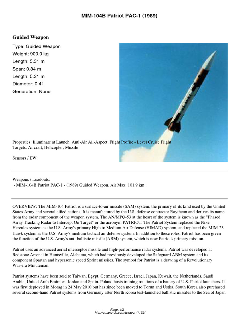 MIM-104B Patriot PAC-1 | PDF | Anti Ballistic Missile | Warfare