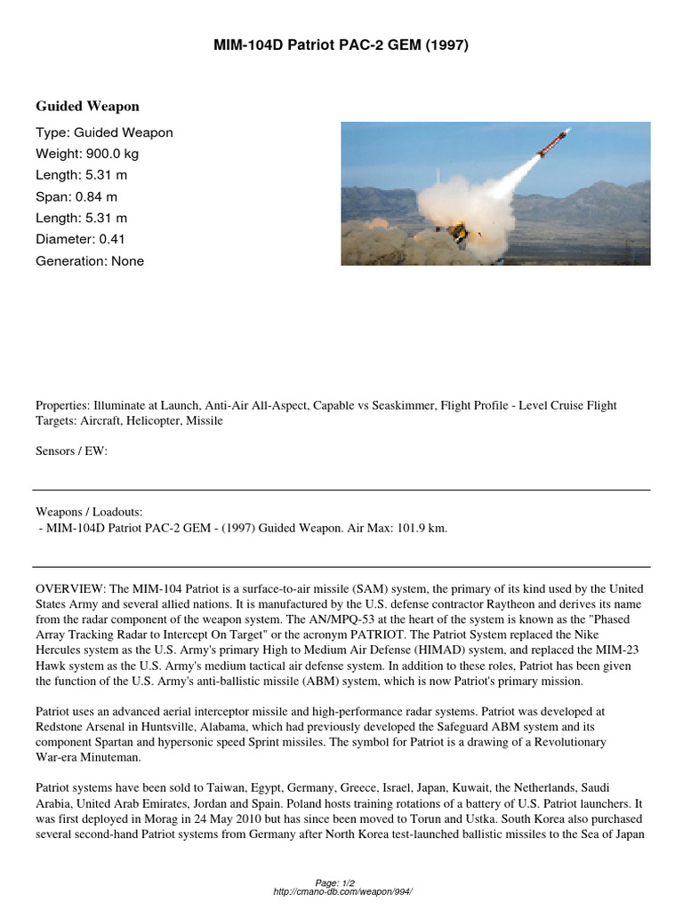MIM-104D Patriot PAC-2 GEM Overview | PDF | Anti Ballistic Missile ...