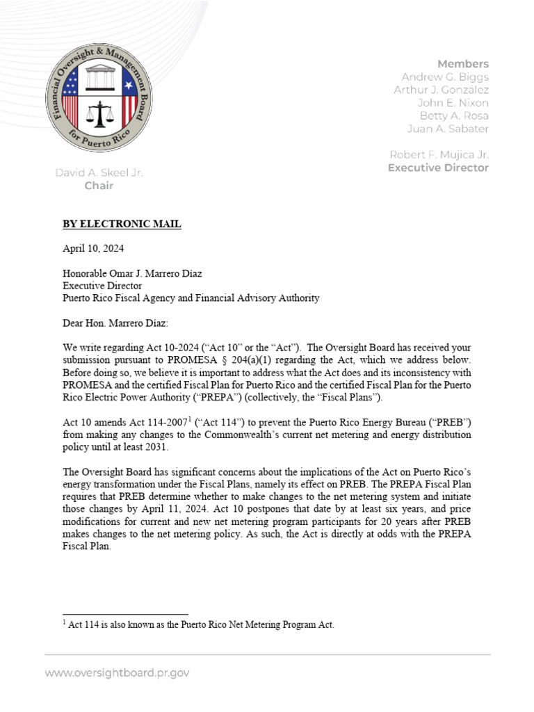 Carta de La Junta de Supervisión Fiscal | PDF | Finance & Money Management