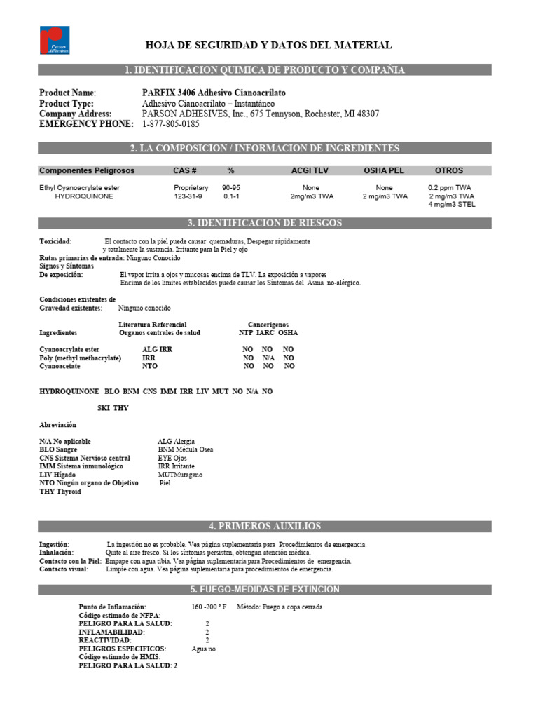 PARFIX 3406 MSDS Español | PDF | Agua | Incendios