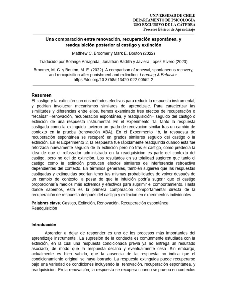 Broomer y Bouton 2022 Recuperaci N de La Respuesta Luego de Castigo y Extinci N | PDF ...