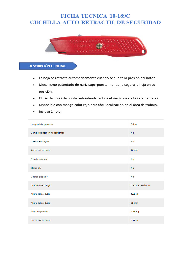 Cuchilla Auto Retractil de Seguridad 10-189C Stanley | PDF