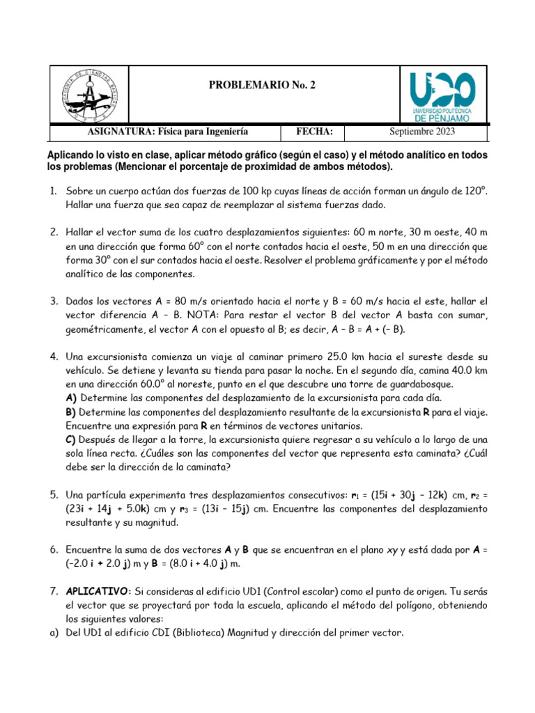 Problemario 2 Sistema Vectorial | PDF | Vector Euclidiano | Movimiento (física)