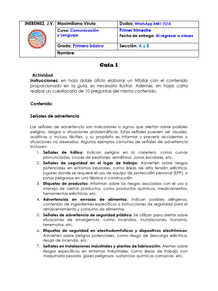 Guía No 1 Comunicación Y Lenguaje Primero Básico Pdf Tráfico