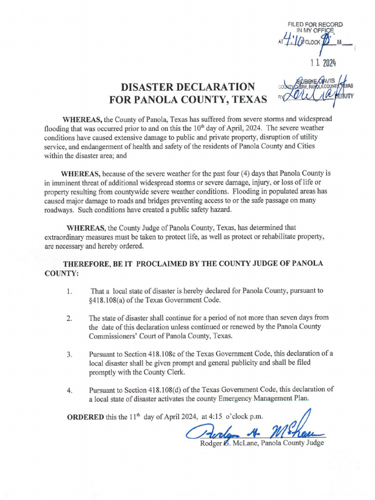 Panola County, Texas, Disaster Declaration | PDF