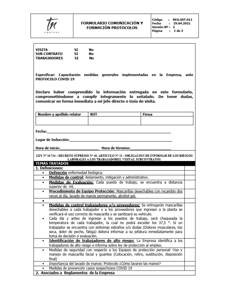 REG.sst.011 - Formulario Charla Formación Preventiva Grupal COVID 19 | PDF | Lavado de manos