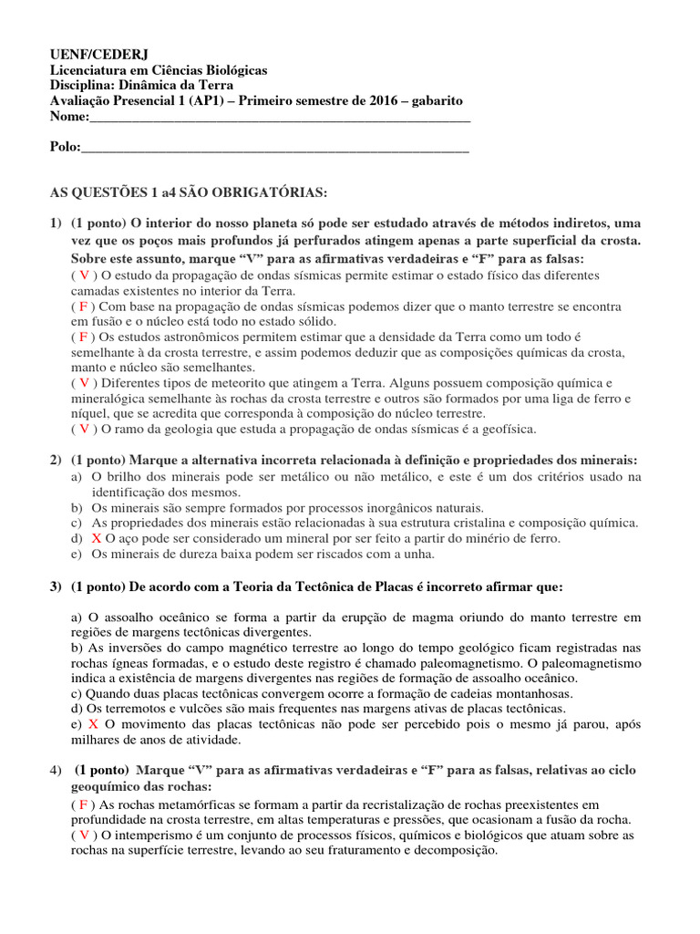 AP1 DT 2016.1 - Com Gabarito | PDF | Placas tectônicas | Minerais