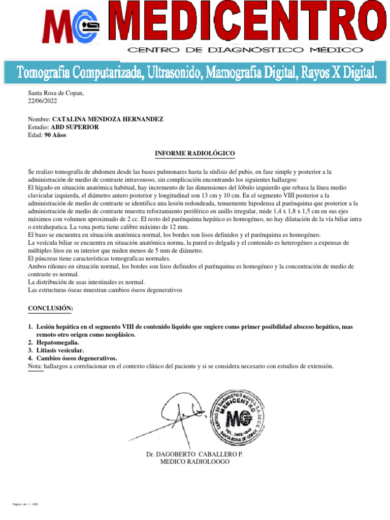 Informe Radiológico: Lesión Hepática y Litiasis | PDF | Hígado | Abdomen