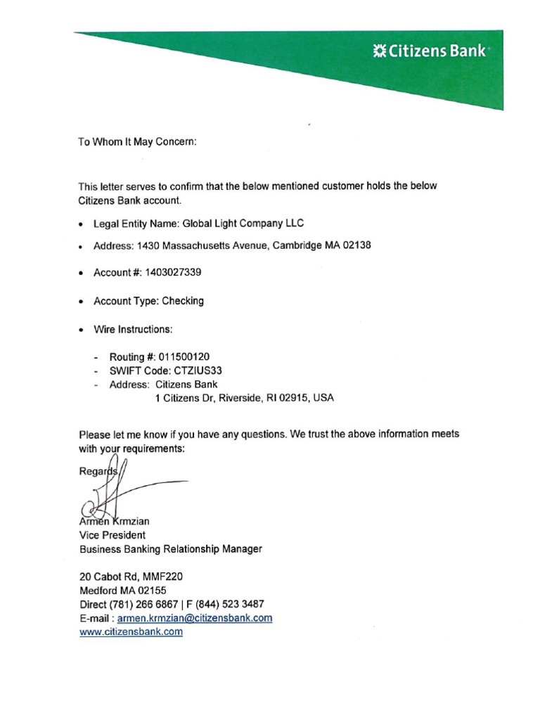 Citizens Bank Letter | PDF