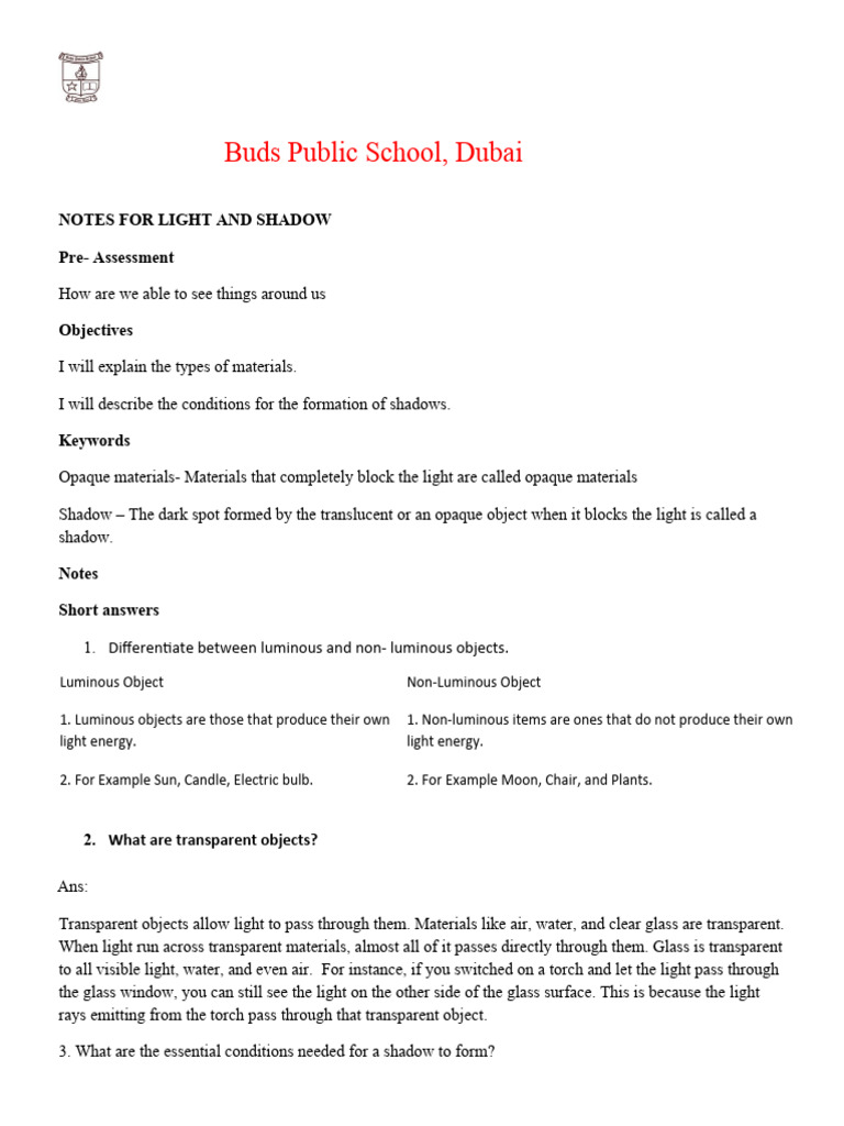 Notes For Light and Shadow Grade 5 | PDF