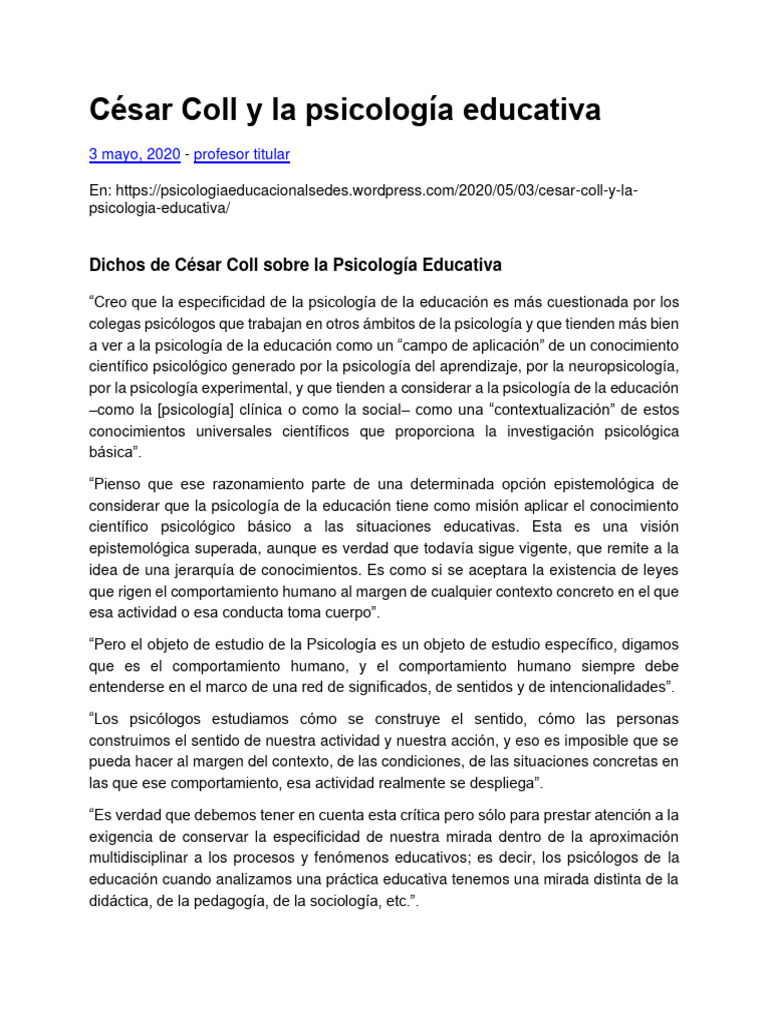 César Coll y La Psicología Educativa | PDF | Sicología | Psicología ...