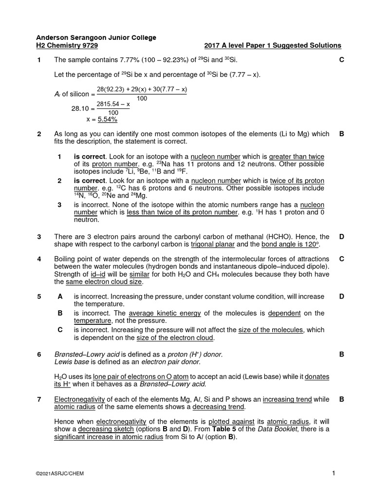 ASRJC 2017 A Level H2 Chem P1 Soln - For Upload | PDF | Reaction Rate ...