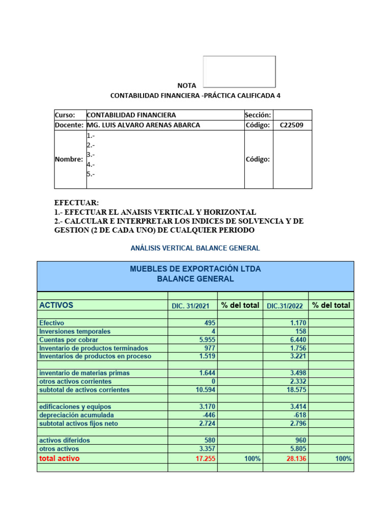 Practica Calificada Conta. Finan. 4 (01-12-23) | PDF | Hoja de balance | Business