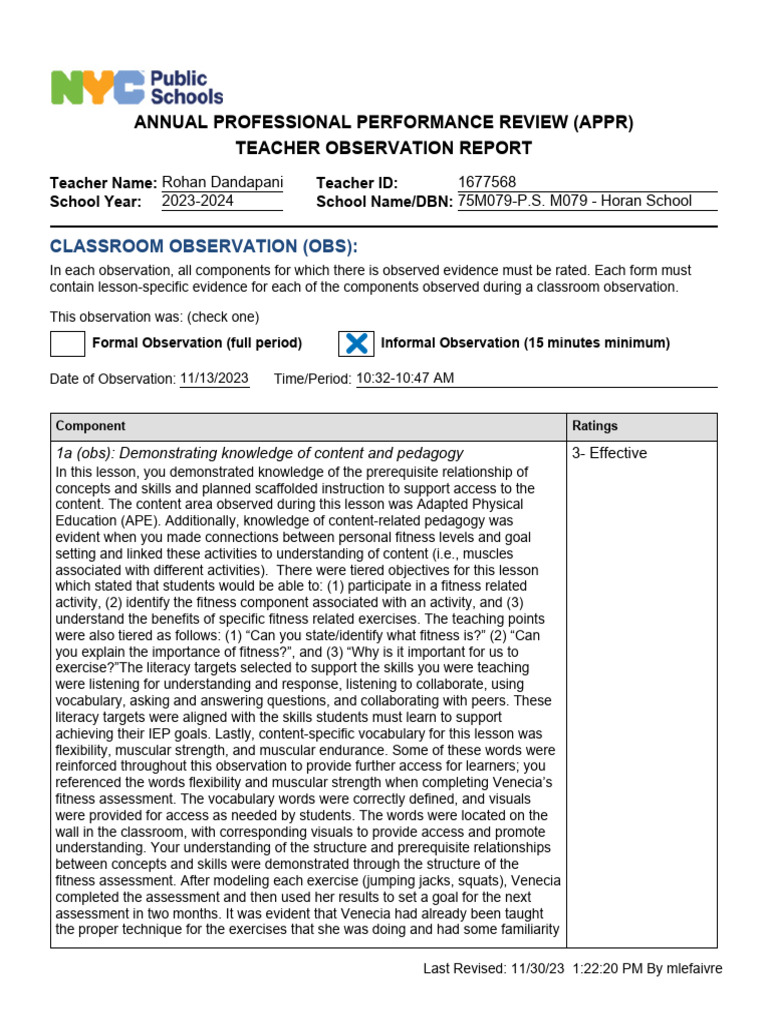 November 2023 Observation | PDF | Learning | Physical Fitness