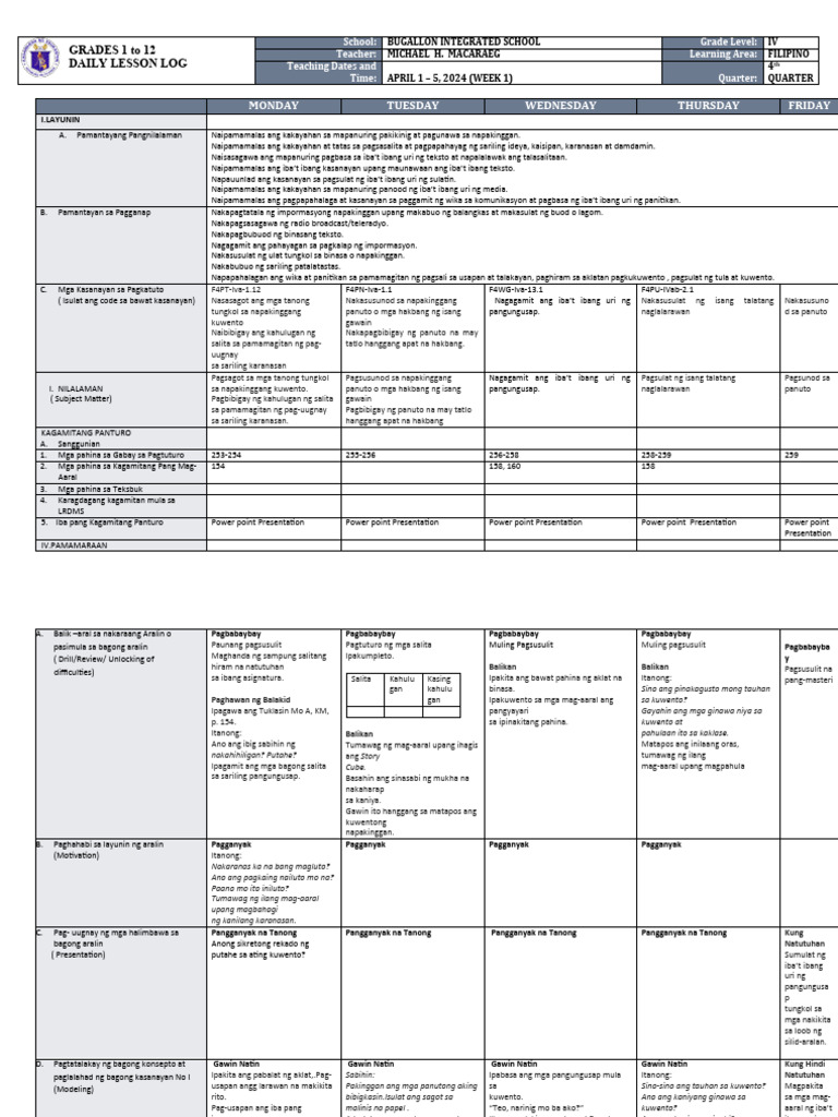 DLL - Filipino 4 - Q4 - W1 | PDF