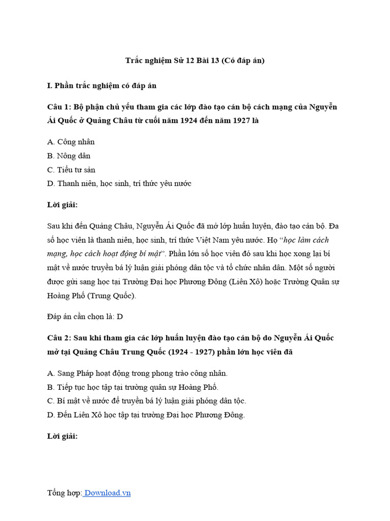 Trac Nghiem Lich Su 12 Bai 13 | PDF
