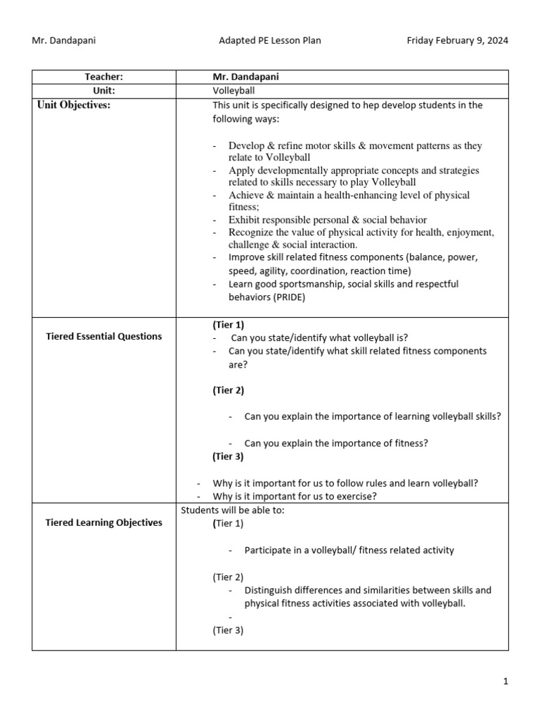 APE Lesson Plan February 9 | PDF | Volleyball | Physical Fitness