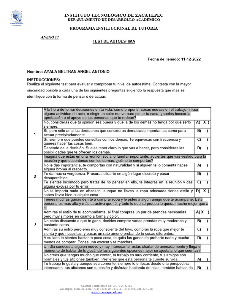 Anexo 12-test-Autoestima | PDF | Autoestima