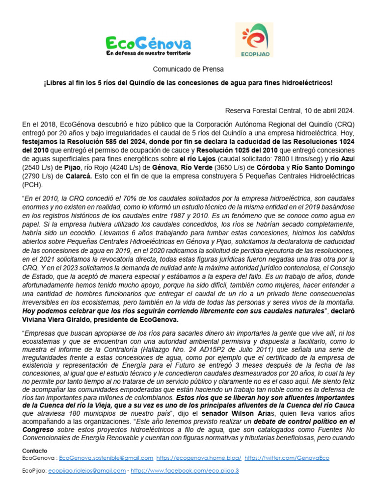 CDP - Libres Al Fin Los Rios Del Quindio de Las Concesiones de Agua ...