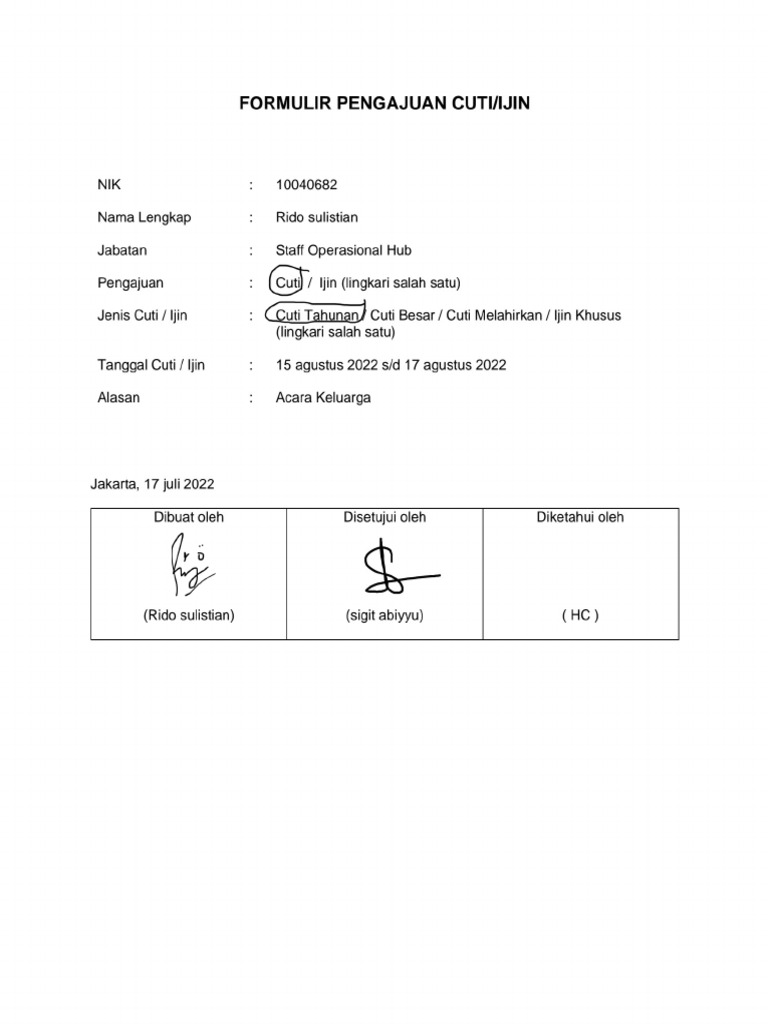 File Pengajuan Cuti (Rido Sulistian) | PDF