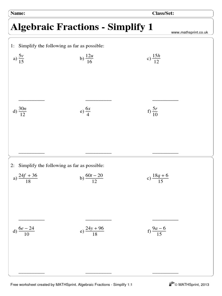 A Algebraic Fractions Simplify 1 | PDF | Teaching Methods & Materials