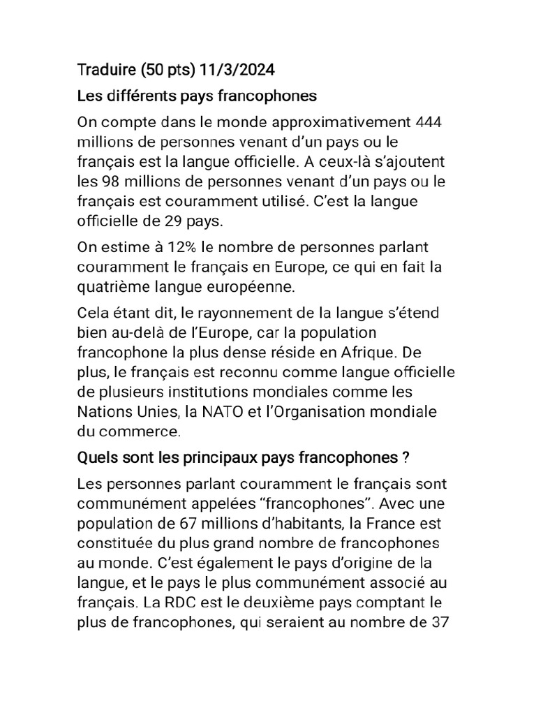 Les Différents Pays Francophones | PDF
