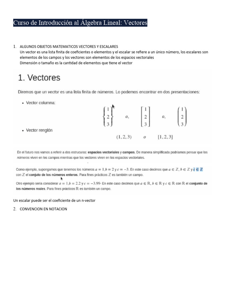 Curso de Introducción Al Álgebra Lineal Vectores | PDF | Escalar (Matemáticas) | Espacio vectorial
