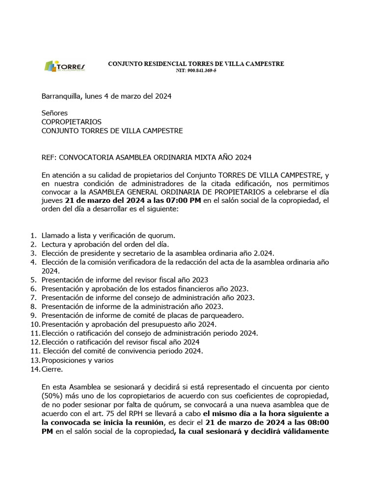 CONVOCATORIA ASAMBLEA ORDINARIA 2024 CORREGIDA | PDF | Condominio