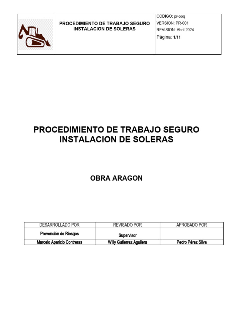 Procedimiento de Trabajo Seguro Instalacion de Soleras | PDF | Hormigón