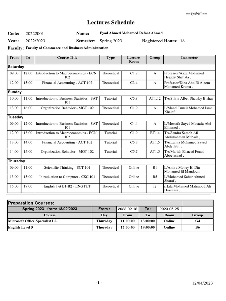 R PT Student Lecture Schedule | PDF