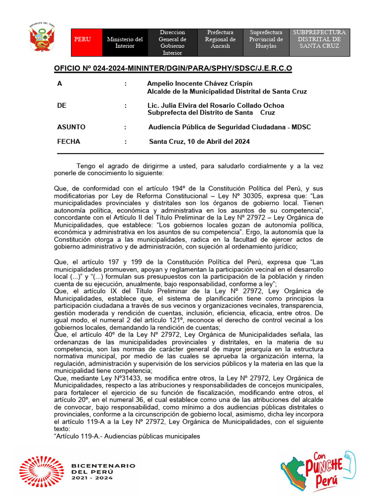 Oficio #024-2024 Audiencia de Seguridad Ciudadana | PDF | Gobierno local | Responsabilidad