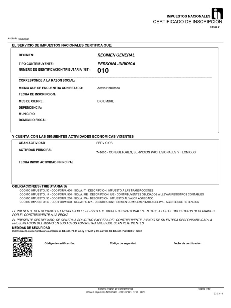 Modelo Certificado de Inscripción SIN | PDF | Impuestos | Gobierno