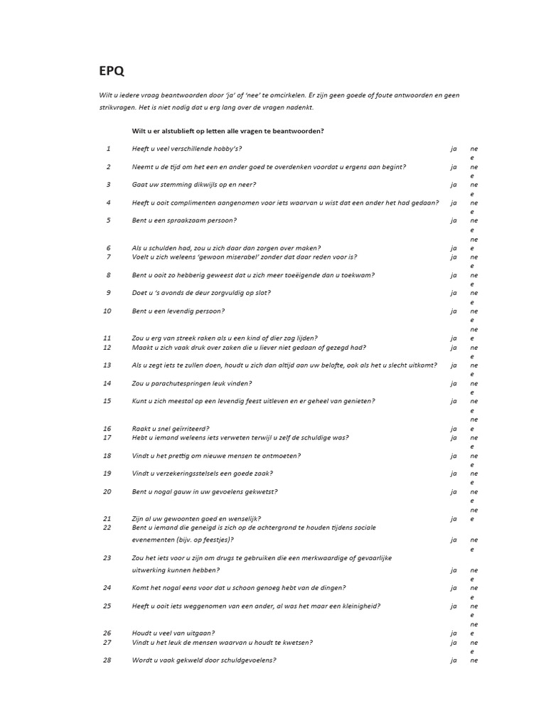EPQ. Vragen Lijst | PDF