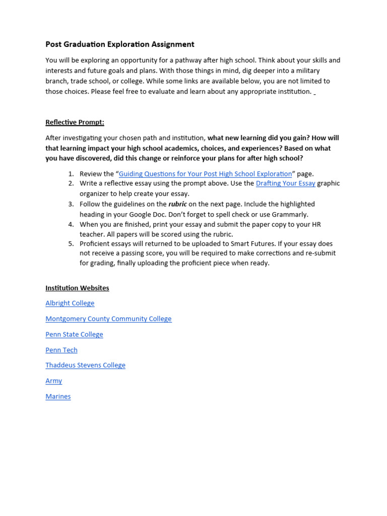 Post High School Pathway Exploration Guide | PDF | Essays | Rubric ...