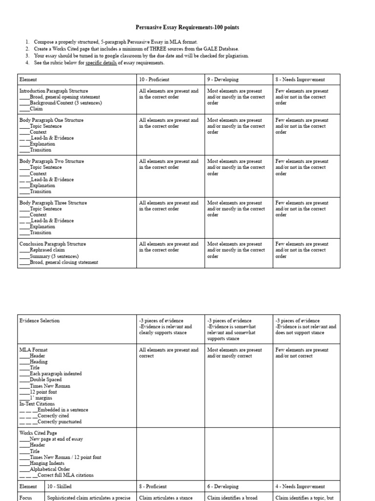 2024 Persuasive Essay Requirements-100 Points | PDF | Citation | Paragraph