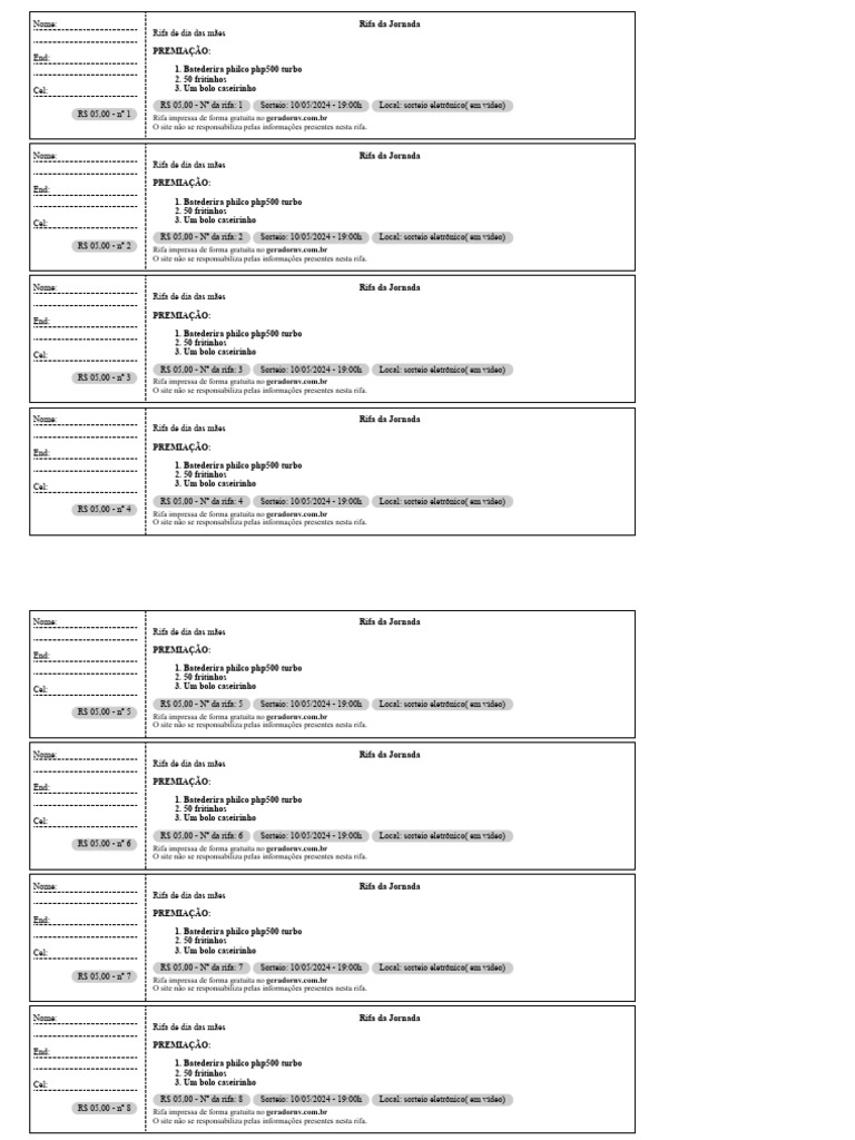 Imprimir Cartelas de Rifas - Gerador NV | PDF